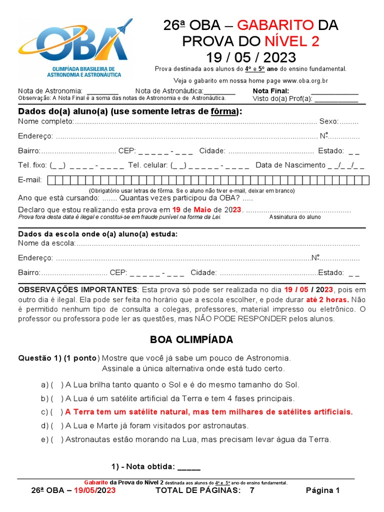 Prova Nivel 2 Da 26 OBA DE 2023 - GABARITO | PDF | Planetas | Marte