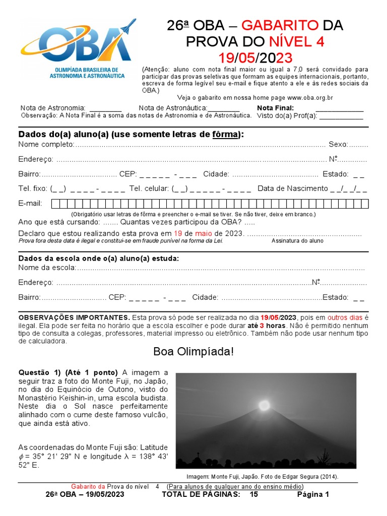 Prova Nível 4 Da 26 OBA de 2023 - GABARITO Comentado | PDF | Satélite | Marte