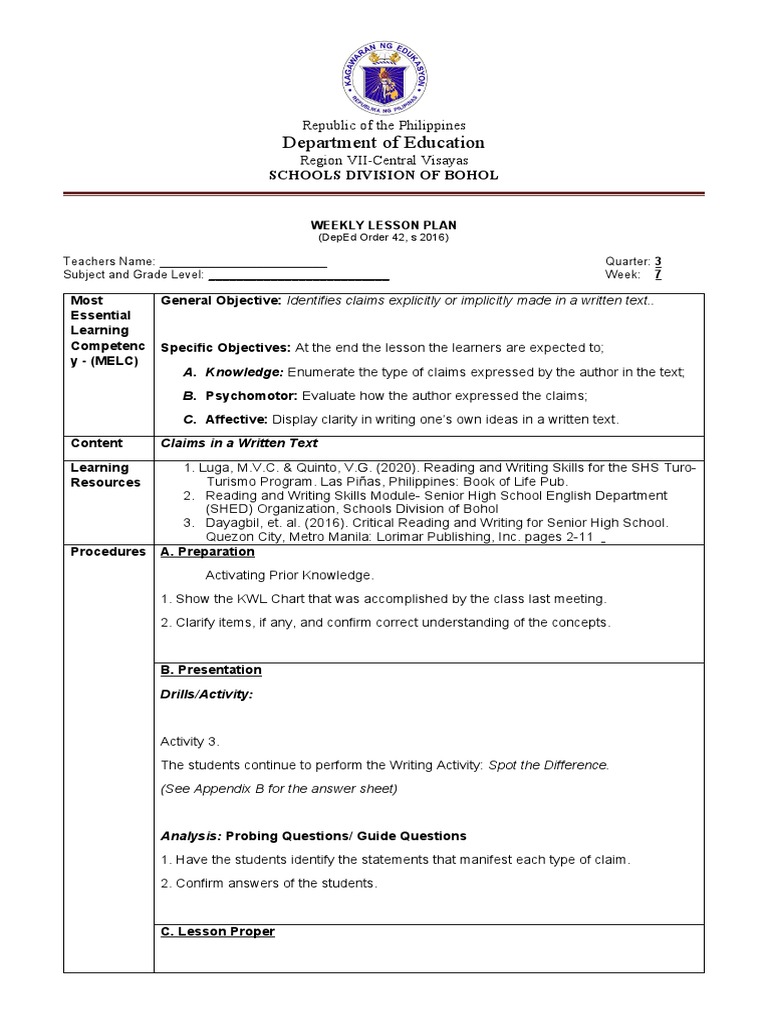 Bohol English SHS - RWS-Q3-W7 | PDF | Learning | Cognitive Science