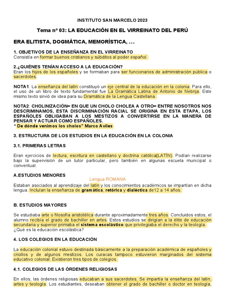 TEMA03_LA EDUCACIÓN VIRREYNAL | PDF | Universidad