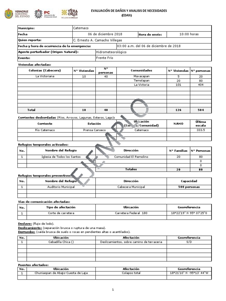 EDAN-LLENADO-EJEMPLO | PDF | Desastres naturales | Desastres