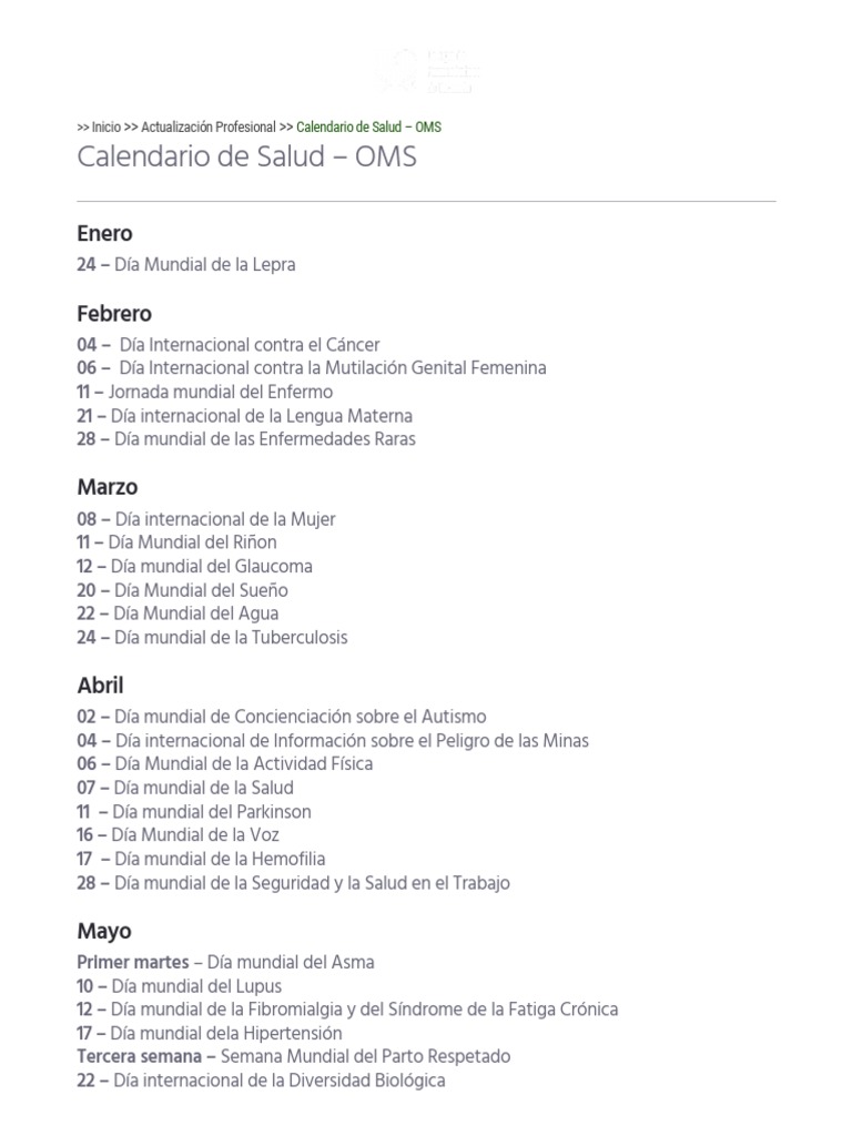 Calendario de Salud - OMS | PDF | Medicina CLINICA | Causas de la muerte