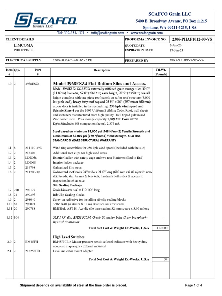 SCAFCO Grain Storage Silo Quote | PDF