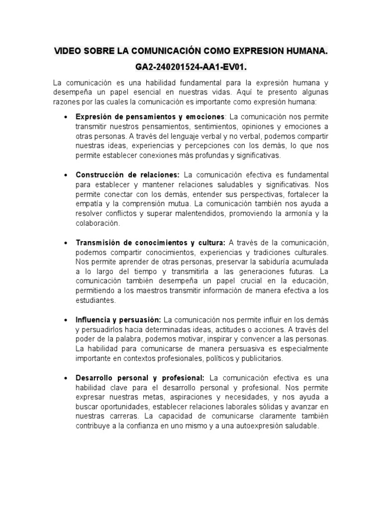VIDEO SOBRE LA COMUNICACIÓN COMO EXPRESION HUMANA | PDF