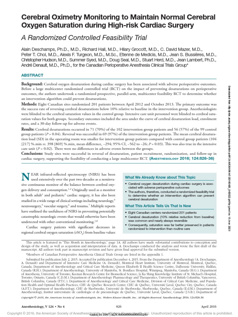 Cerebral Oximetry Monitoring To Maintain Normal Cerebral Explain | PDF ...