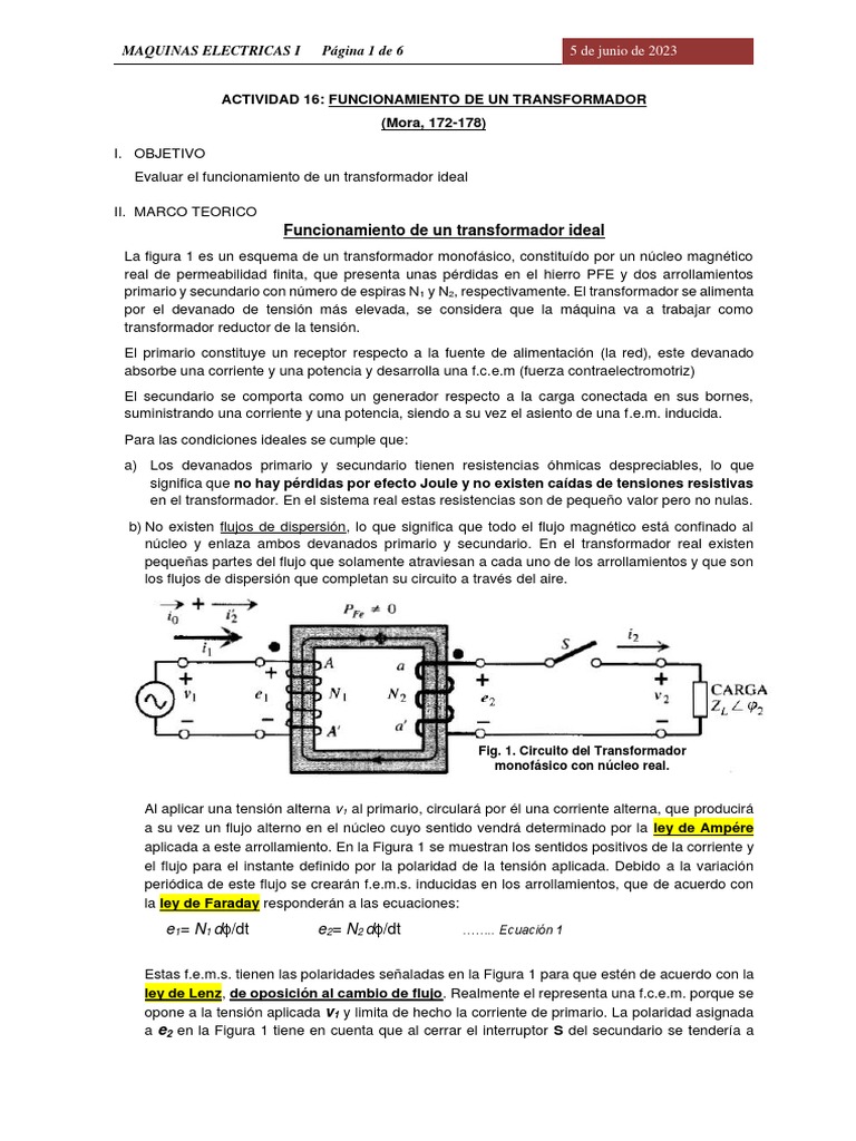 Actividad 16. FUNCIONAMIENTO DE UN TRANSFORMADOR IDEAL | PDF | Transformador | Inductor