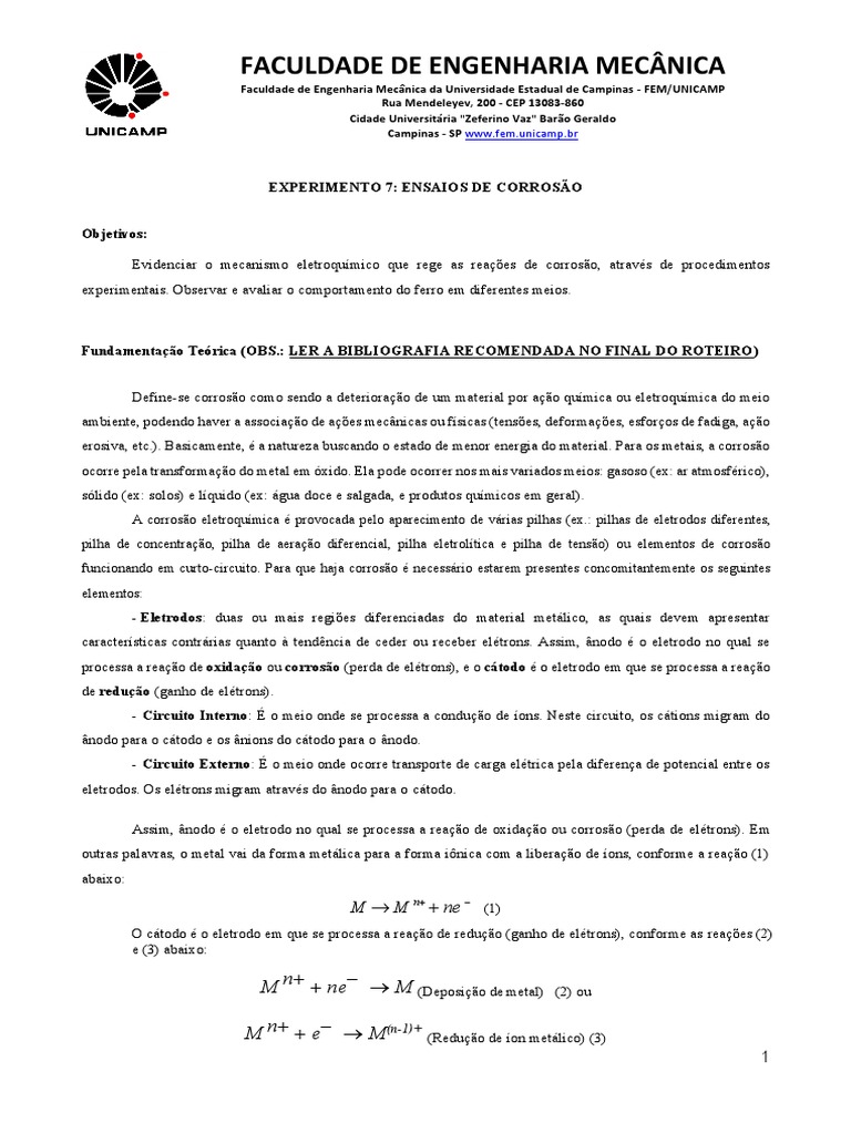 Experimento 7 - Roteiro | PDF | Corrosão | Eletroquímica