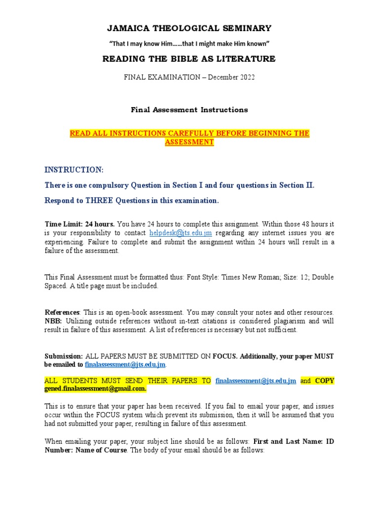 (2022-2023) (Sem. 1) READING THE BIBLE AS LITERATURE (Final Assessment ...