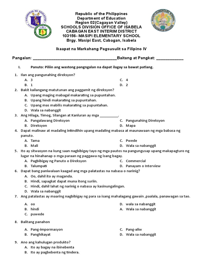 Filipino 4TH Quarter Exam 1 | PDF