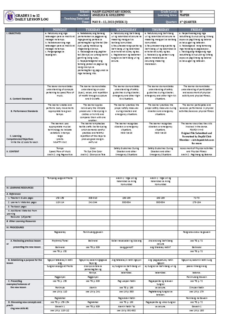 DLL - Mapeh 4 - Q4 - W2 | PDF