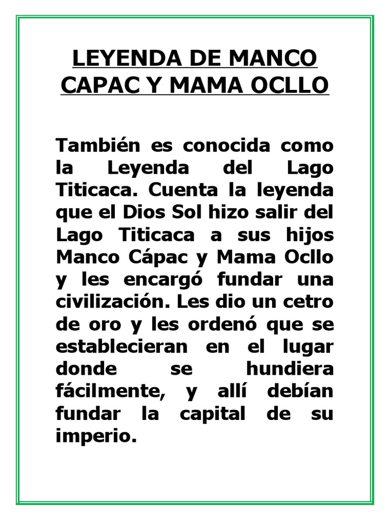 Naylamp Abracitos Leyenda De Manco Capac Y Mama Ocllo Leyenda De Manco