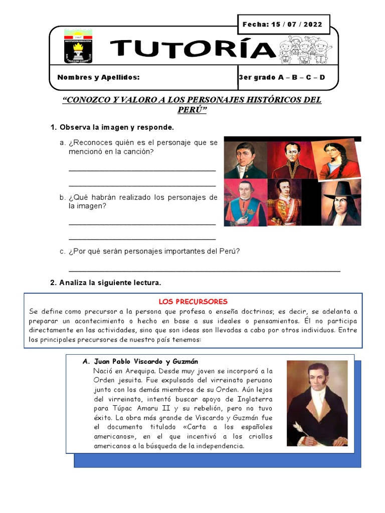 Tutoría Conocer y Valorar A Los Personajes Históricos Del Perú ...