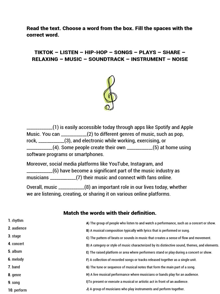 Music Vocabulary and Comprehension A2 | PDF | Art