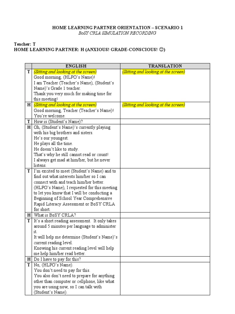 Sample HLPO Scenario 1 Simulation Script | PDF | Teachers | Cognition