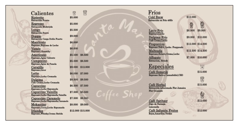 Menú de Cafés y Precios | PDF | Alimentos | Bebida