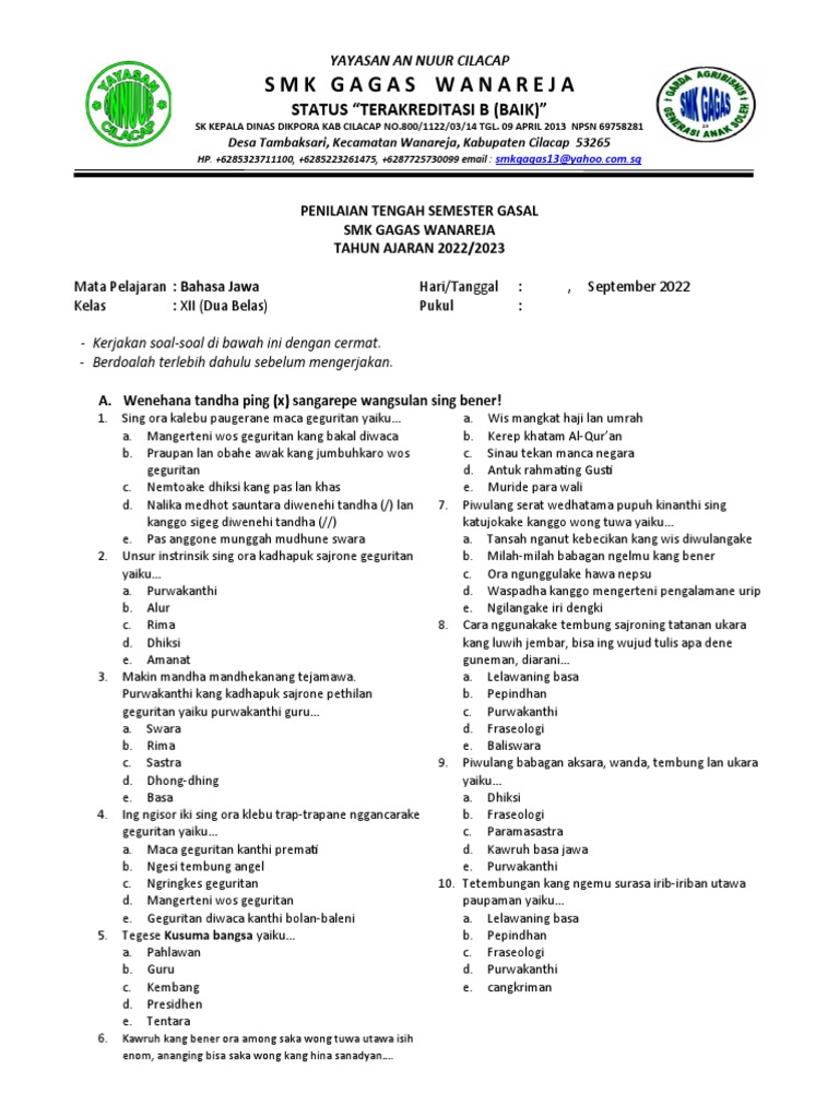 PTS B Jawa Kelas XII | PDF