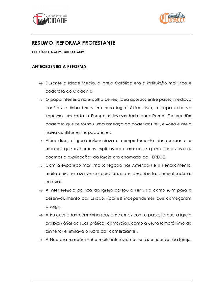 Resumo Reforma Protestante e Contrarreforma | PDF | Igreja católica ...
