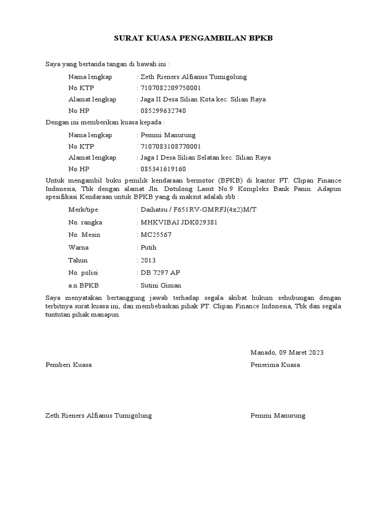 Surat Kuasa Pengambilan BPKB | PDF