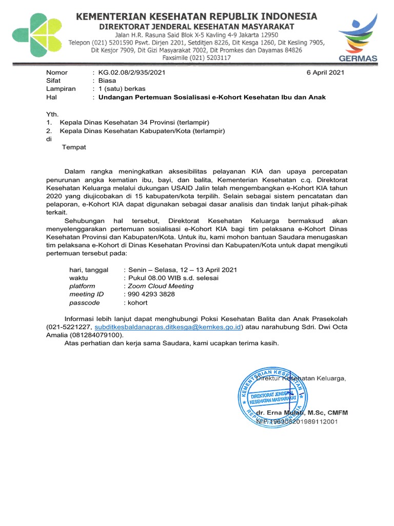 Undangan Pertemuan Sosialisasi E-Kohort KIA Daerah | PDF | Kesehatan Holistik