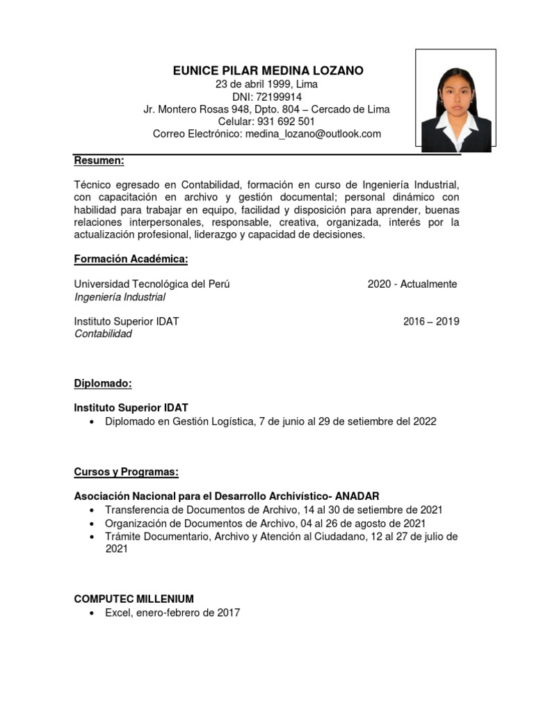 Cv. Eunice Pilar Medina Lozano - Documentado.. | PDF | Contabilidad ...