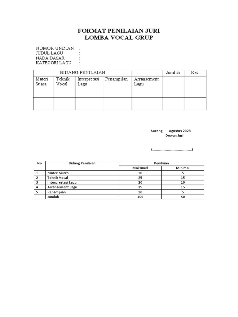 FORMAT PENILAIAN JURI Lomba Vocal Grup | PDF