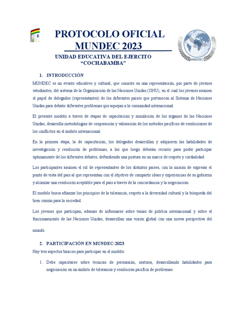 Protocolo Oficial MUNDEC-2023 | Descargar gratis PDF | Naciones Unidas ...