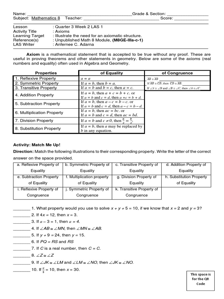 LAS Math8 Q3 Week2 LAS1 Final | PDF | Mathematics | Axiom