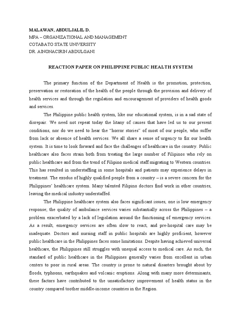 Reaction Paper On Philippine Public Health System | PDF