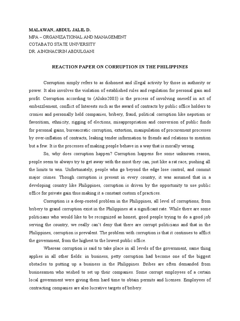 REACTION PAPER ON CORRUPTION IN THE PHILIPPINES | PDF | Corruption ...