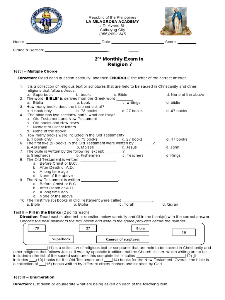 2 Monthly Exam in Religion 7: Choose The Best Answer in The Box Below and Write in The Space ...