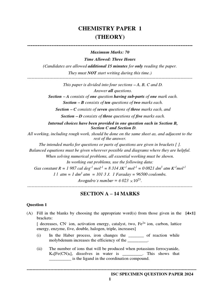 ISC 2024 Chemistry Model paper | PDF | Chemical Reactions | Chlorine