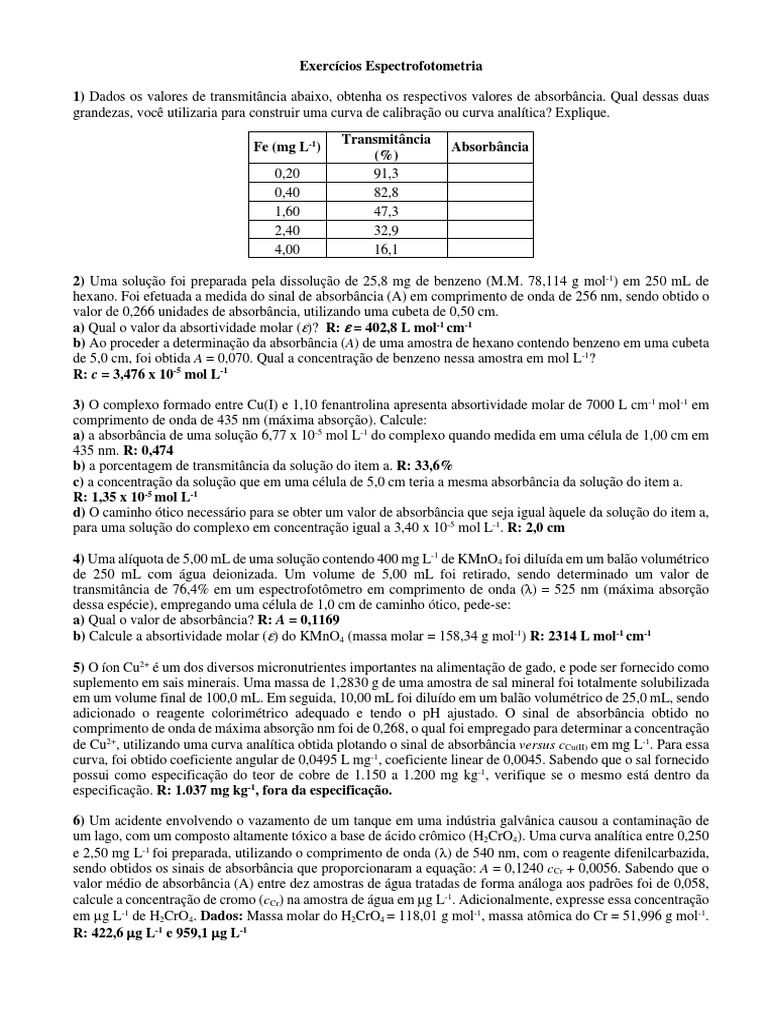 Tarefa-Exercicios-Espectrofotometria 230605 203950 | PDF | Absorbância ...
