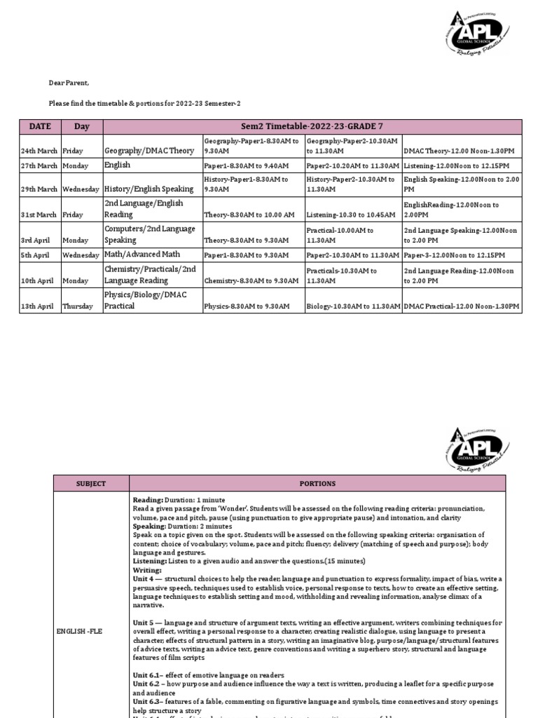 Semester 2 GR 7 Timetable&Portion | PDF | Area | Triangle