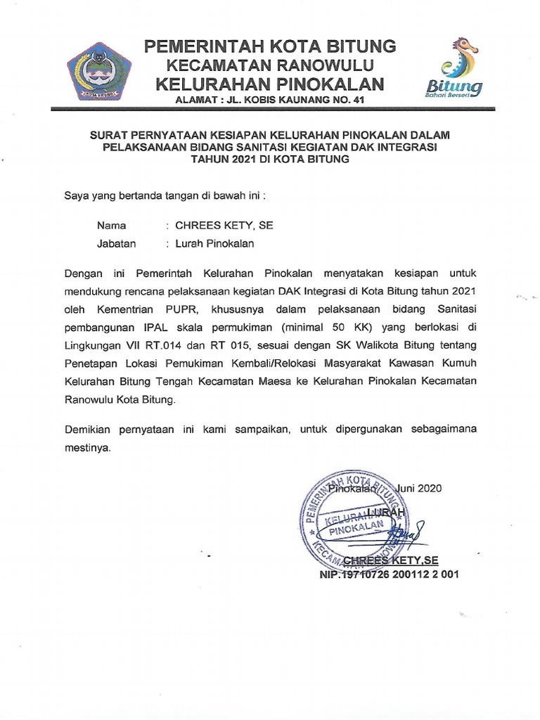Surat Pernyataan Kesiapan Kelurahan Pinokalan Dalam Pelaksanaan Bidang Sanitasi Kegiatan DAK ...