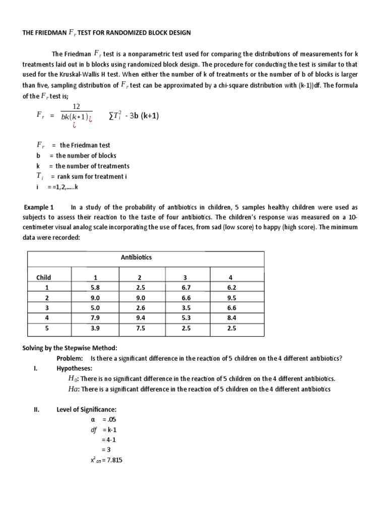 The Friedman Fr Test for Randomized Block Design | PDF | Scientific ...