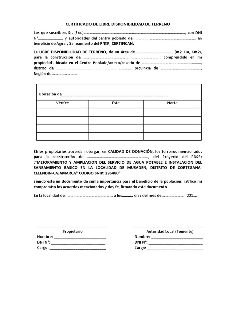 23. Certificado de Libre Disponibilidad de Terreno | PDF