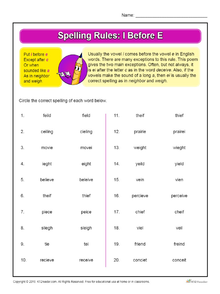 Spelling Rules Worksheets - I Before E | PDF