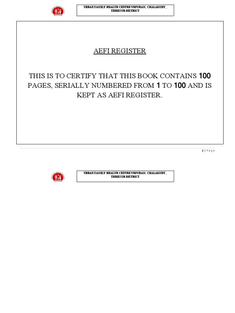 Aefi Register A4 100page | PDF | Medical Specialties | Pharmacy