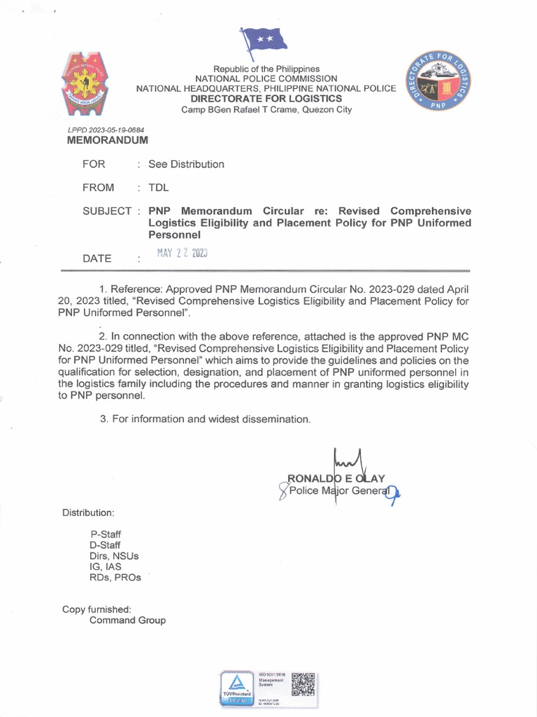 PNP Memorandum Circular Re Revised Comprehensive Logistics Eligibility and Placement Policy For ...