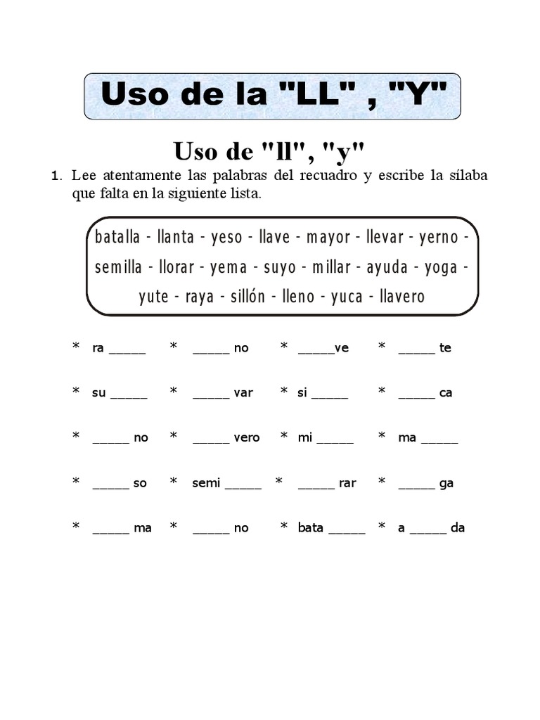 Ficha de Uso de La LL Y para Segundo de Primaria | PDF