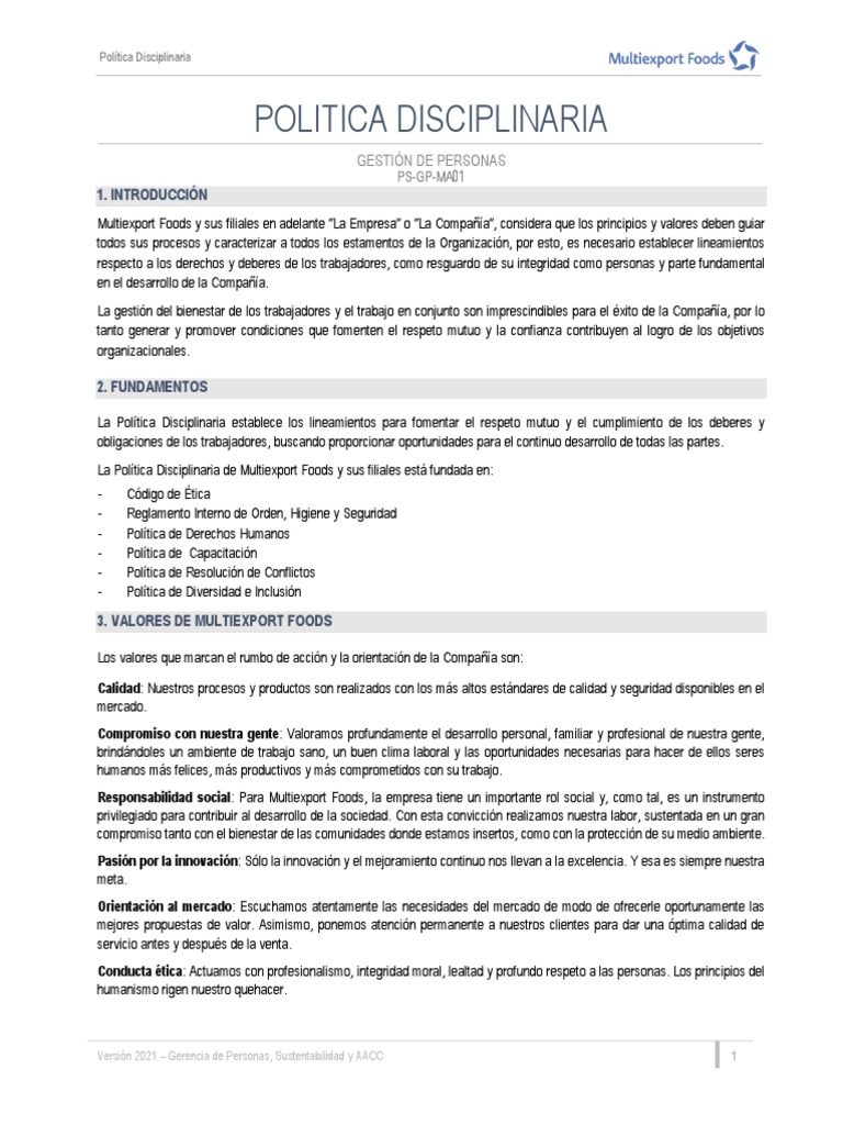 Política Disciplinaria en Multiexport Foods | PDF | Derechos humanos ...
