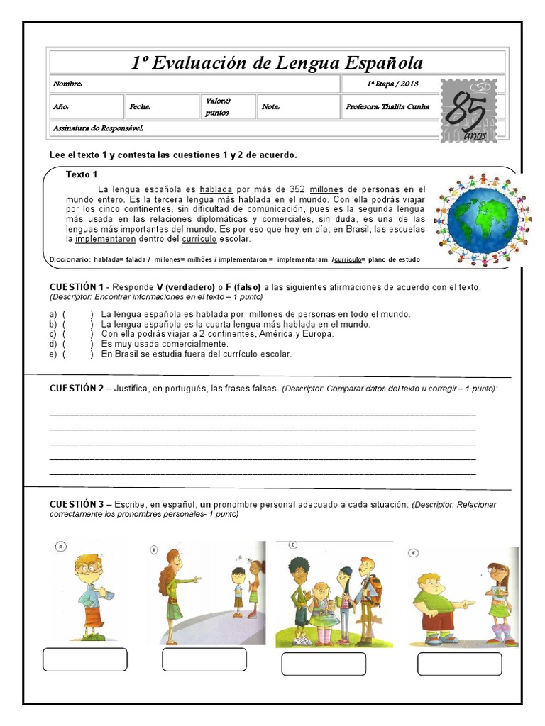 Evaluación de Lengua Española 5to Grado | PDF | Lengua española ...