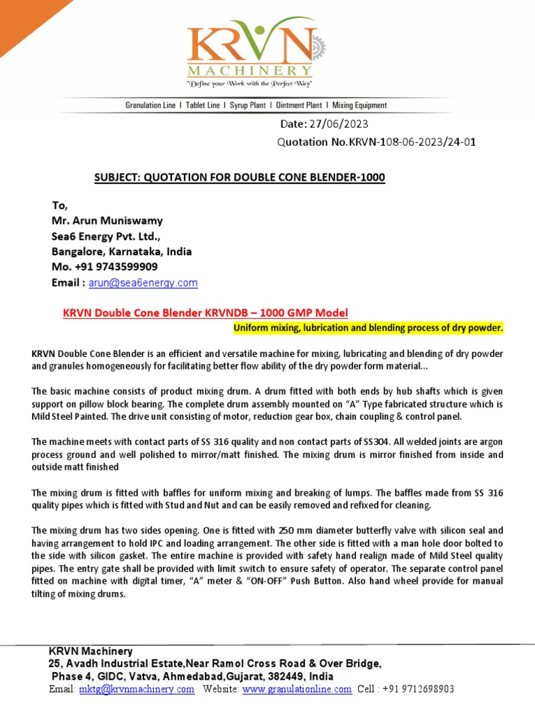 KRVN-108-06-2023-24-01 (Double Cone Blender-1000) | PDF | Relay | Pipe ...