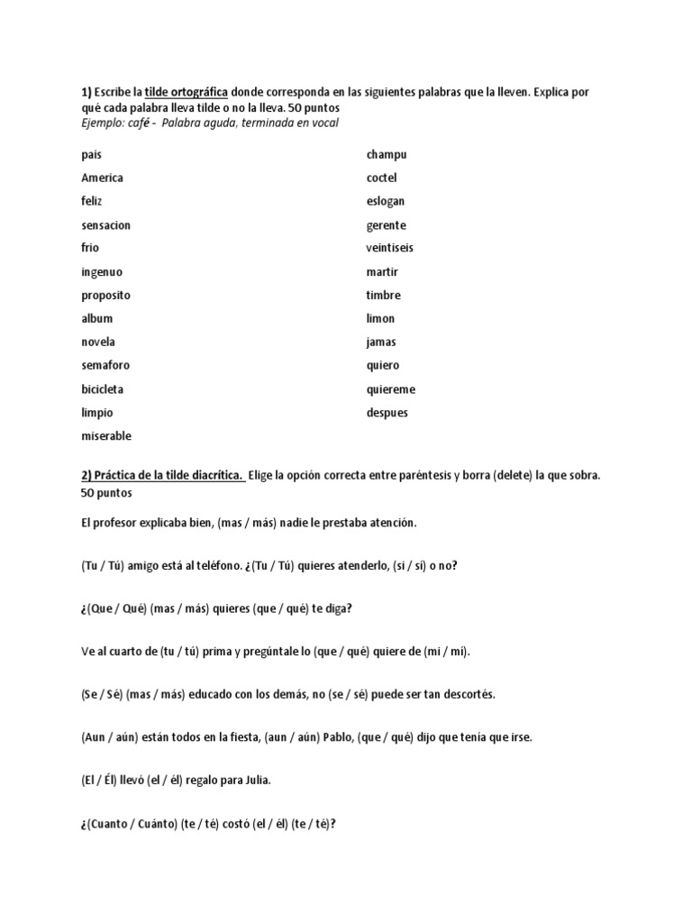 Ejercicios de Tilde Ortográfica y Diacrítica | PDF