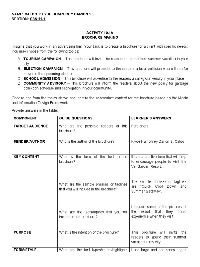 Lesson 10.1 - Activity 10.1a | PDF | Communication | Human Communication