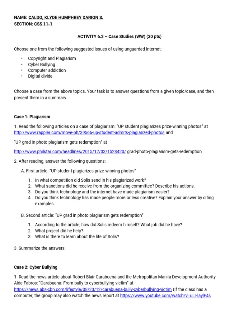 LESSON 6 - ACTIVITY 6.2 - Case Studies | PDF | Cyberbullying | Internet
