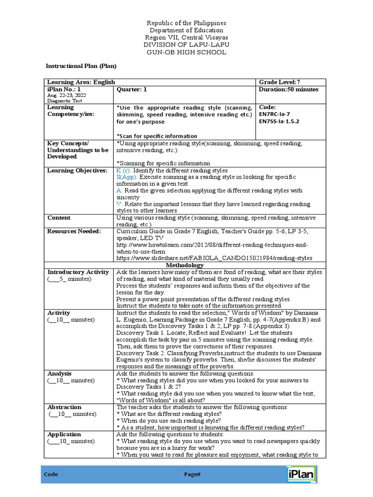 English 7 Iplan 1 | PDF | Speed Reading | Learning