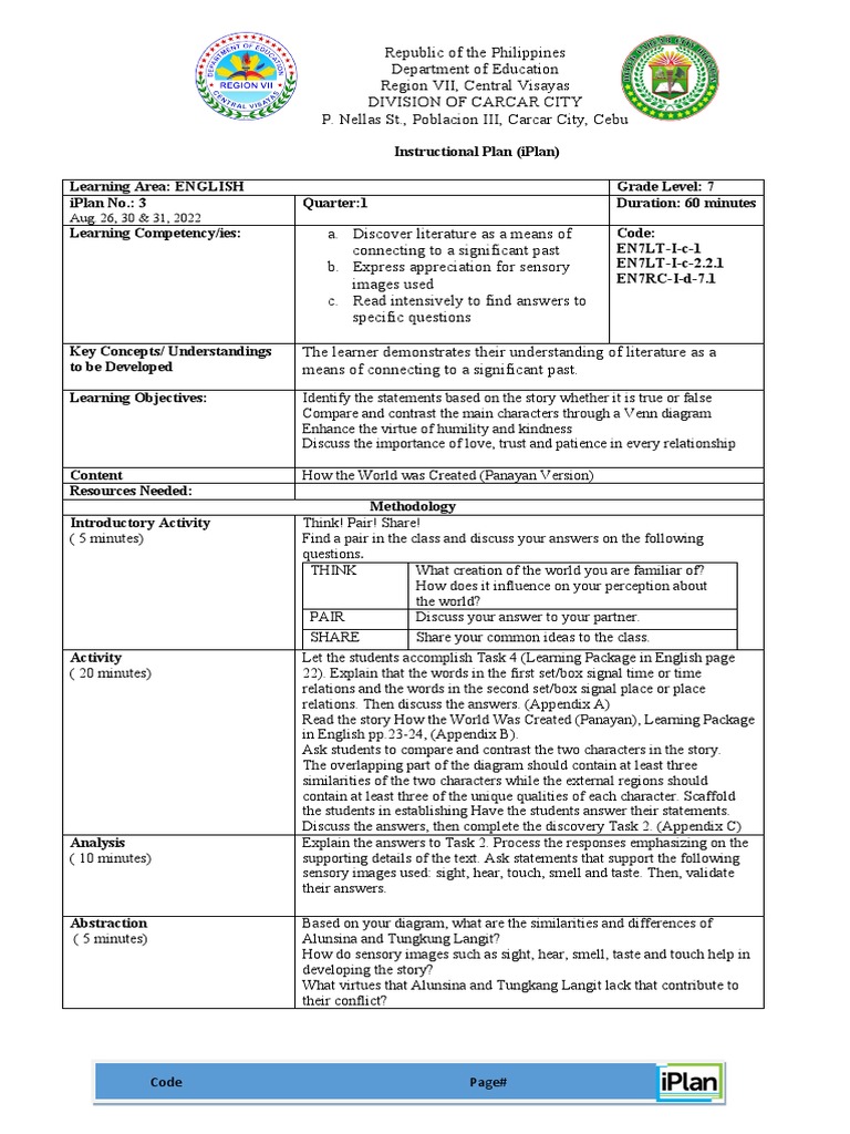 English 7 Iplan 3 | PDF | Learning | Perception