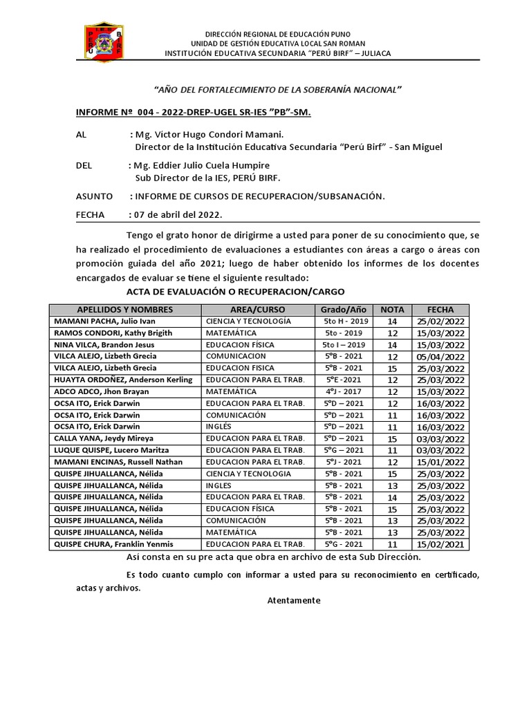 Informe de Alumnos Recuperacion | PDF