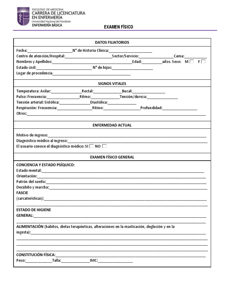 Formularios De Examen Físico Médico Imprimibles